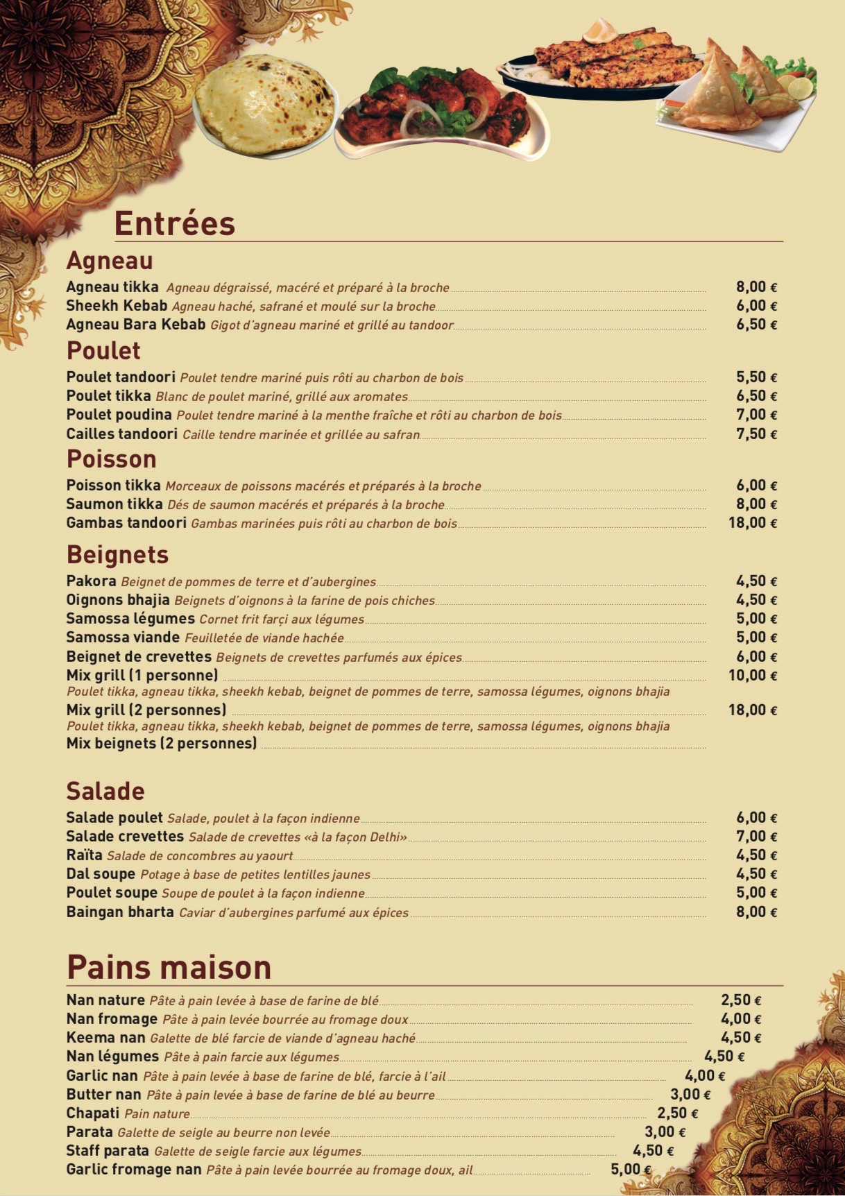 Menu | Raja restaurant Indien