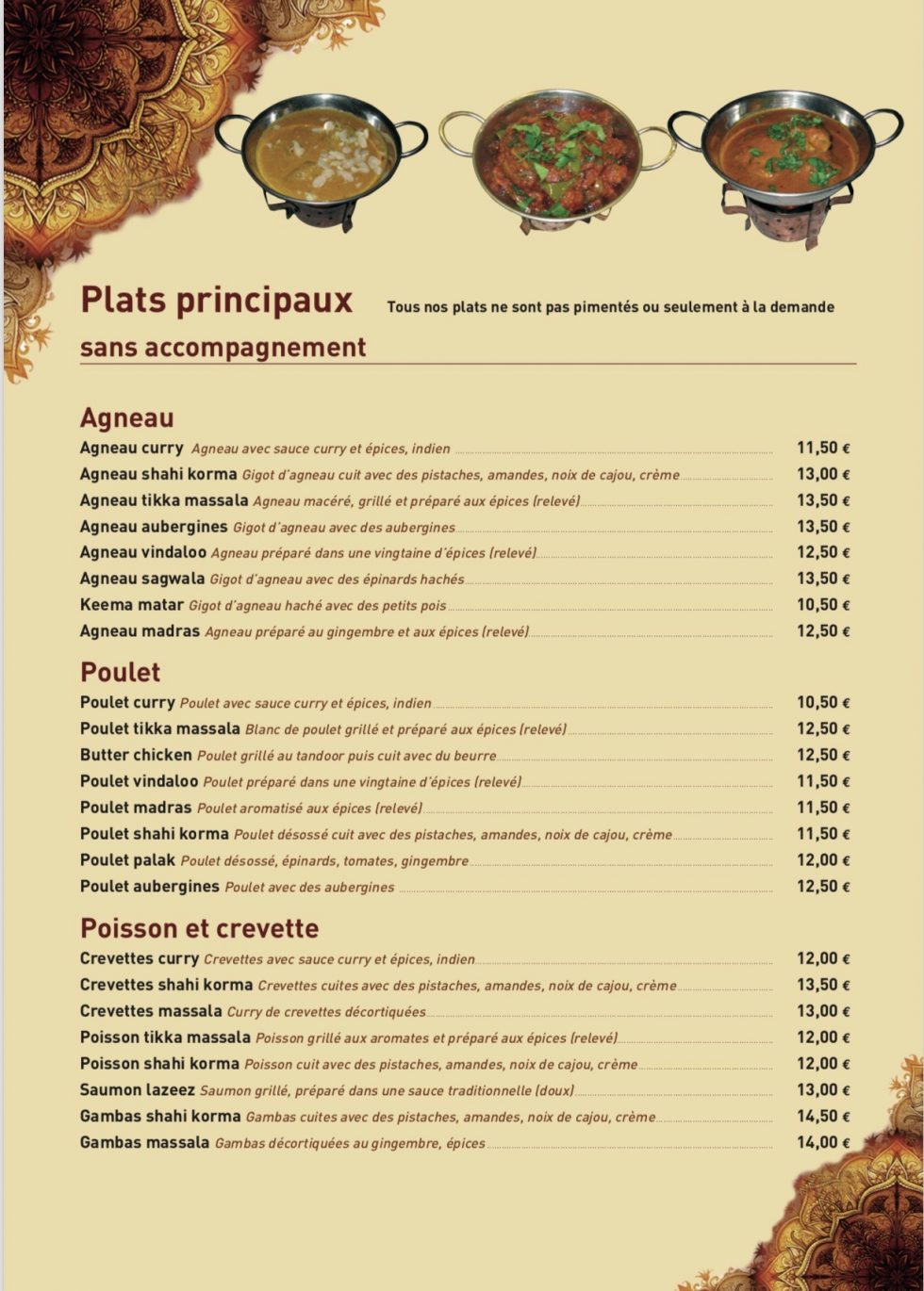 Menu | Raja restaurant Indien