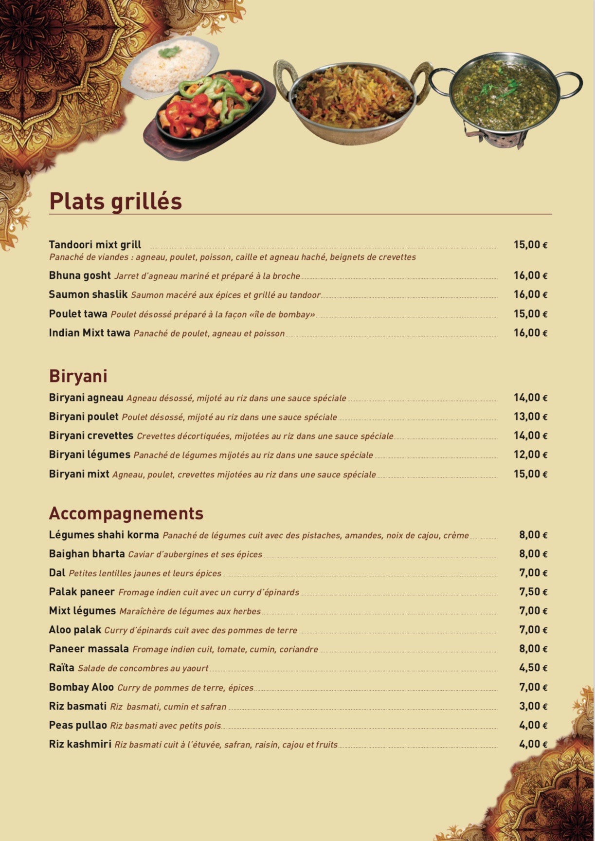 Menu | Raja restaurant Indien